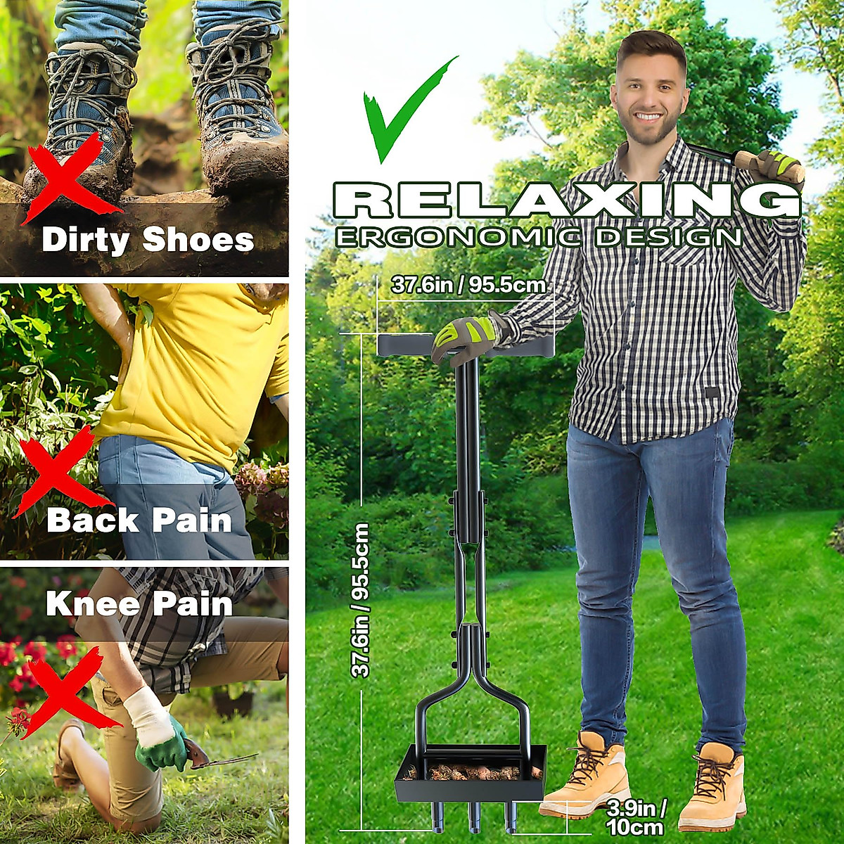 Fnwsja Manual Lawn Aerator with Tray & 3 Hollow Slots Manual Soil Corer Collector Lawn Plug Core Aeration Tool Heavy Duty Lawn Core for Soils & Lawns Yard Garden, 37.6 inches, Black