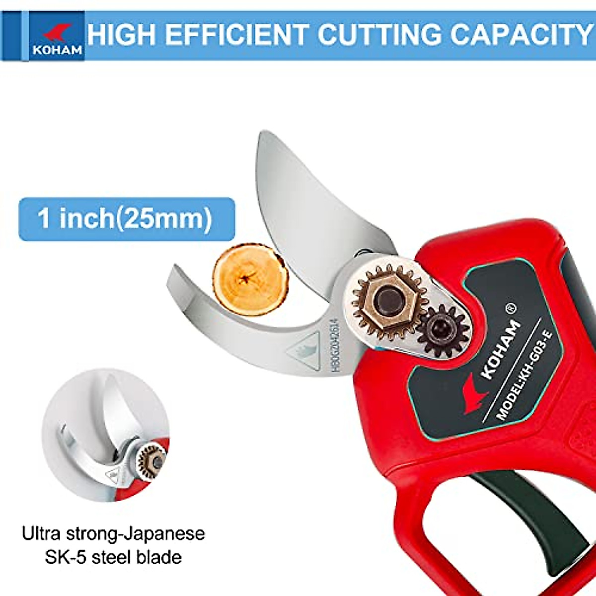 KOHAM Professional Cordless Electric Pruning Shears 16.8V 2Ah Lithium Battery Powered, ETL Certified, 1 Inch Cutting Diameter