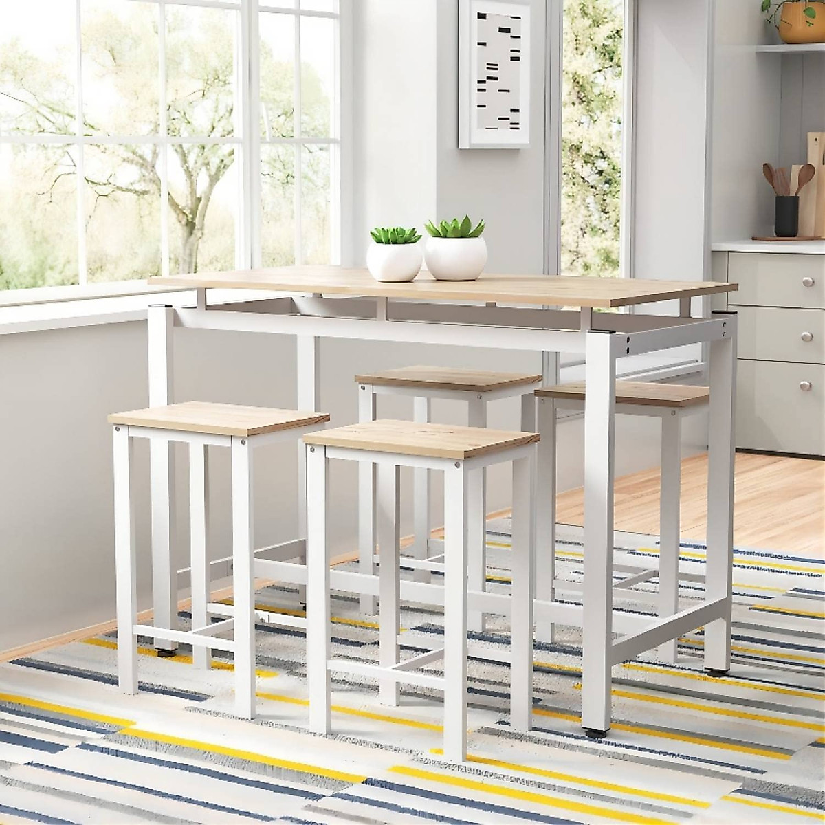 MIERES 5 Pcs Kitchen Dining Table set for 4, Wood Elegant Pub Table Set for Kitchen/Living Occasions/Dining Room/Bar, Beige&White/Height 34.7