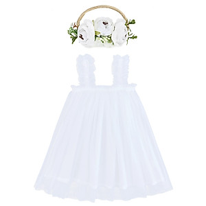 Century Star 1st First Birthday Outfit Girl Half Easter Dresses for Baby Girls Tulle Tutu Dress Toddler Infant One 1 Year Old Gifts Festival Dress up Sundress Flower Headband White 9-12 Months