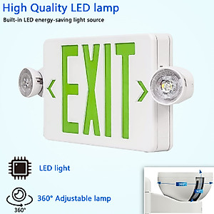 Green LED Exit Sign Emergency Light Combination Adjustable Two Heads and Battery Backup, US Standard Commercial Emergency Exit Lighting, Fire Resistant UL 924 AC 120/277V (4-Pack)