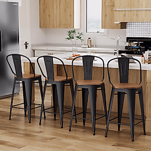 Alunaune 30" Swivel Metal Bar Stools Set of 4 High Back Counter Height Barstools Industrial Dining Bar Chairs with Large Wooden Seat-Matte Black