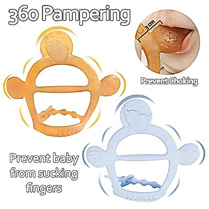 【Never Drop from Hand】 HEORSHE 2 Pack Baby Teething Toys for Babies 3-6 Months Teethers for Infant Toddlers Silicone Molars Adjustable Chew Toys for Babies 3 4 5 6 7 8 9 10 11 12 Months (Brown + Blue)