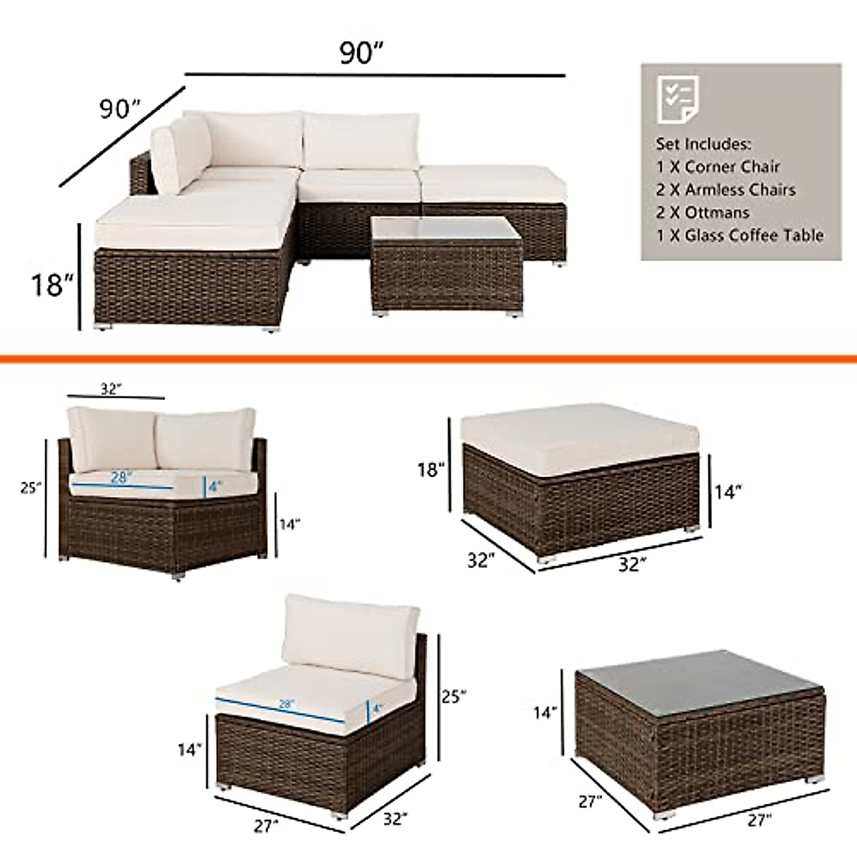 HOMPUS 6-Piece Outdoor Handwoven Sectional Sofa PE Rattan Wicker Couch Corner Conversation Set Furniture Brown Patio Sofa Set w Beige Seat Cushions, Glass Coffee Table for Garden,Yard,Pool