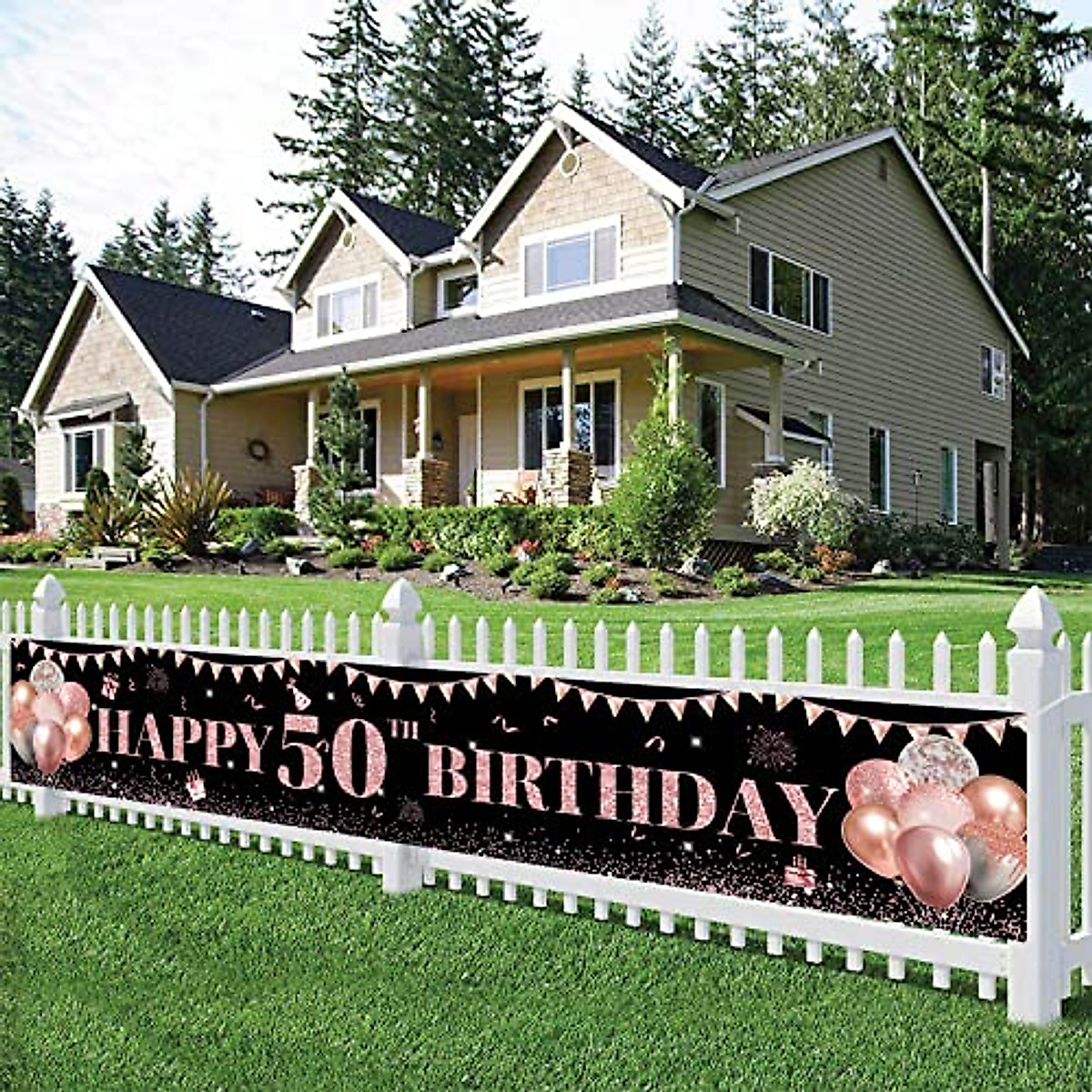 Large Happy 50th Birthday Banner Black and Rose Gold Yard Sign Birthday Banner for Women Girl 50 Years Old Birthday Photo Backgroud Party Indoor Outdoor Decoration Supplies 118 × 19.6 Inch