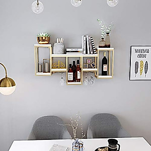 Wall Hanging Wine Rack Metal Bottle Holder Storage Wall Mounted |Wine Glass Goblet Stemware Holder| Nordic Gold and White Wood Wall Shelves for Bar Kitchen or Hone Wall Decor