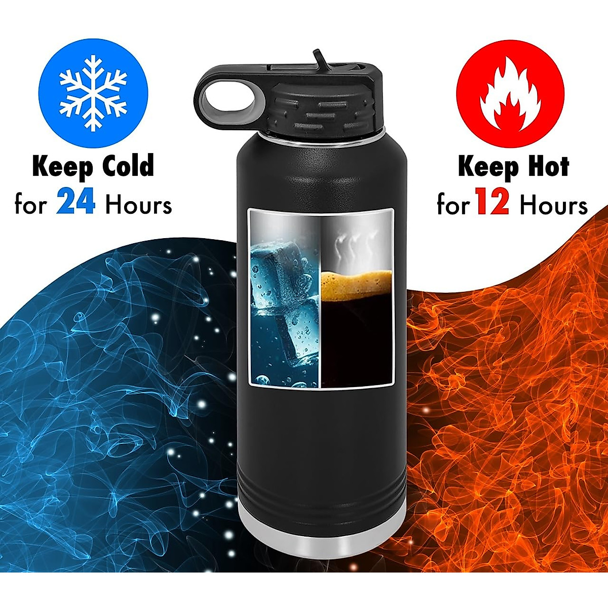 Personalized Water Bottles 32oz with Flip-Top Lid and Straw, Customized Vacuum Insulated Flask, Stainless Steel Sports Double Wall Thermos, Your Logo Name and Text Engraved in USA (Black, 32 oz.)