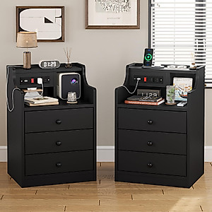 ADORNEVE Night Stand Set 2,Black Nightstand with Charging Station & Hutch,Night Stands for Bedrooms Set of 2,Bedside Table with Drawers