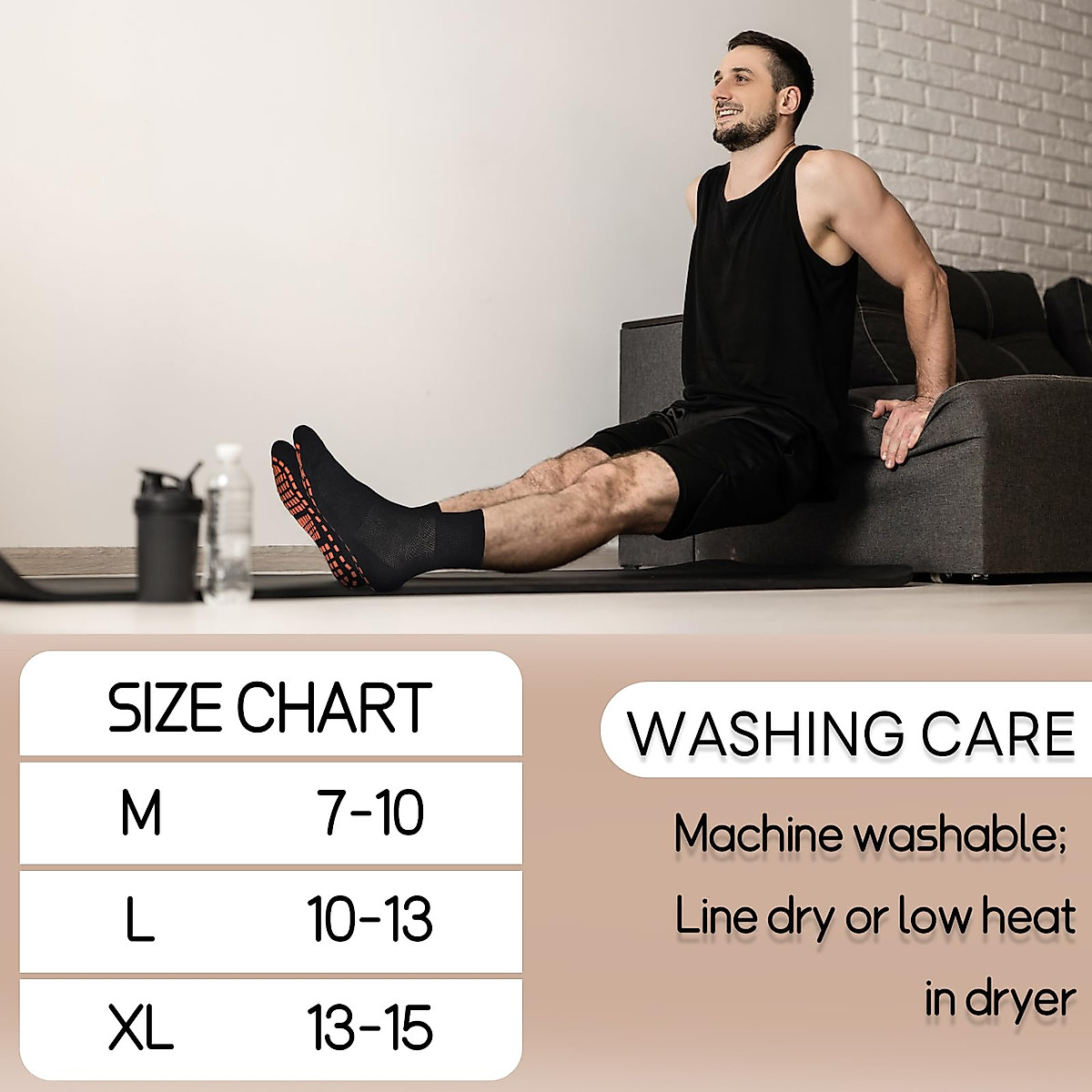 GRPSKCOS Non Slip Socks for Men House Socks with Grips 3 Pairs Anti-Skid Yoga Pilates Tile Wood Floors Hospital Slipper Socks (02 Black+black+black, 7-10)