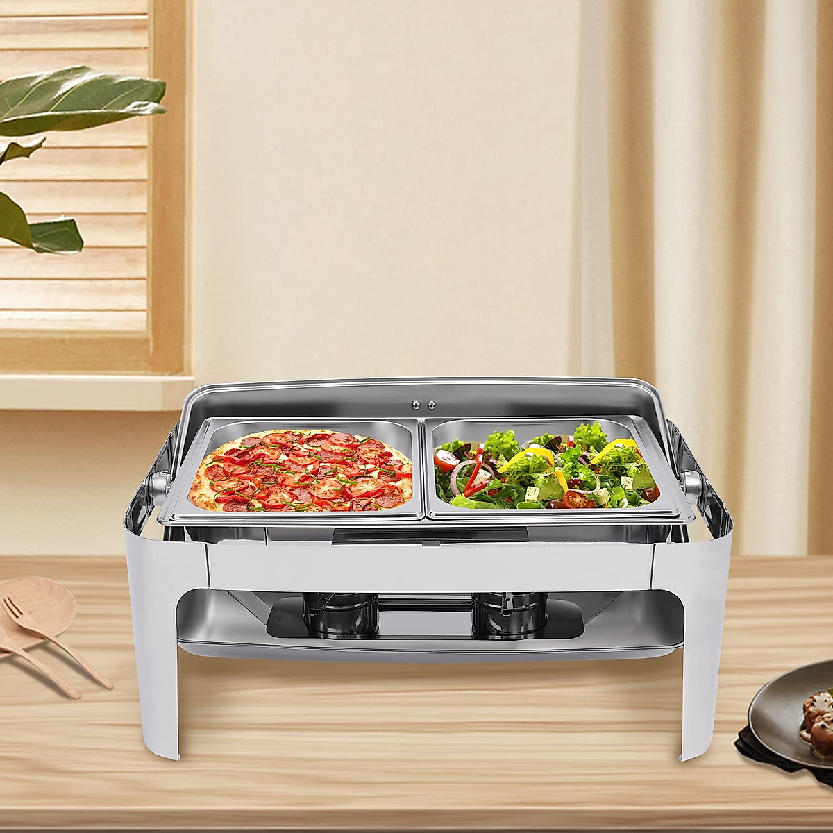 BANLICALI 2 Pan Chafing Dish, Stainless Steel Roll Top Chafing Dish Buffet Set, 9L/9.5QT Commercial Chafer Chafers Catering Rolling Buffet Servers with Warmers for Party Hotels Silver 400W 110V