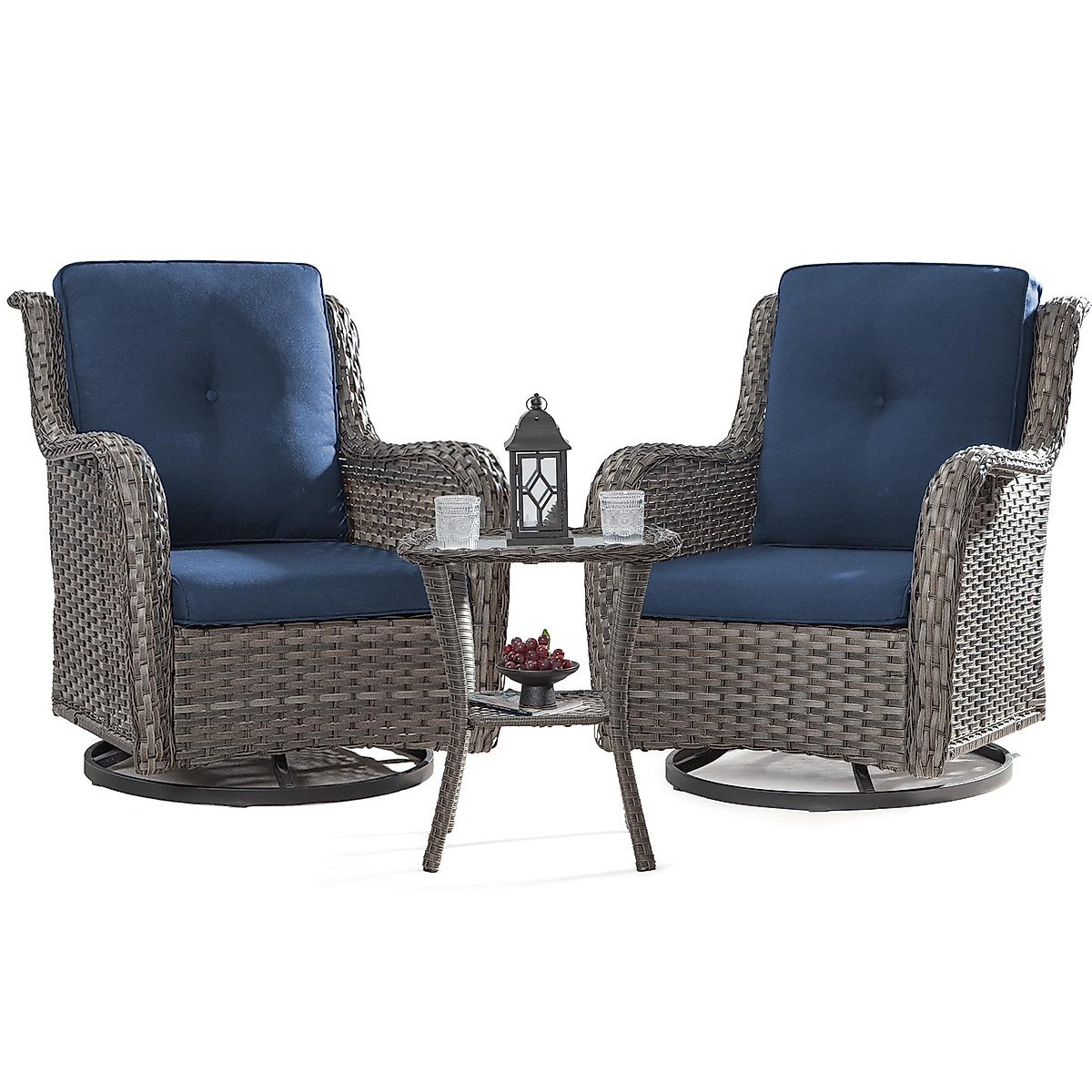 Joyside Outdoor Swivel Rocker Patio Chairs Set of 2 and Matching Side Table - 3 Piece Wicker Patio Bistro Set with Premium & Soft Fabric Cushions(Mixed Grey/Blue)