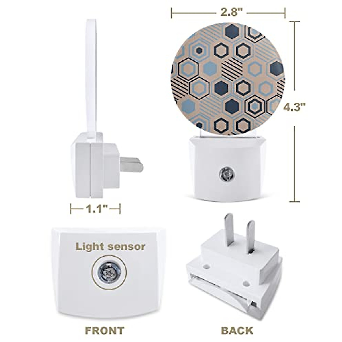 ILYBEEN Minimalist Geometric Blue Hexagon LED Night Lights Plug-in Nightlight with Auto Dusk to Dawn Sensor,Stripe on Burlap Linen Texture Round Lamp for Bedroom,Hallway,Bathroom