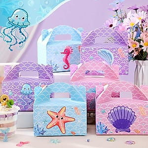 Dunzoom 24 Pcs Mermaid Party Favors Treat Boxes Shell Pearl Mermaid Goodie Bags Candy Gift Boxes for Party Favors Summer Ocean Gable Box with Handles for Girls Under the Sea Birthday Party Supplies