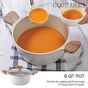 Country Kitchen Nonstick Cookware Sets - 6 Piece Nonstick Cast Aluminum Pots and Pans with BAKELITE Handles - Non-Toxic Pots with Glass Lids - Speckled Cream with Light Wood Handles