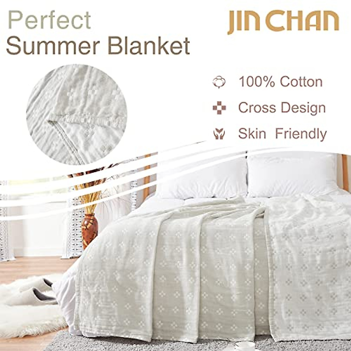 jinchan Grey Throw Blanket for Couch Boho Throw Blanket Cozy Blanket Cotton Spring Blanket Twin Size Bed Throw 3 Layer Coverlet Geometric Quilt Gray Soft Blanket Baby Kid Gift 60x80 Inch