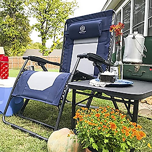 Coastrail Outdoor Zero Gravity Chair Premium Large Armrest Padded Comfort Folding Patio Lounge Adjustable Recliner with Cup Holder & Side Table, 500lb Capacity, Navy/Grey