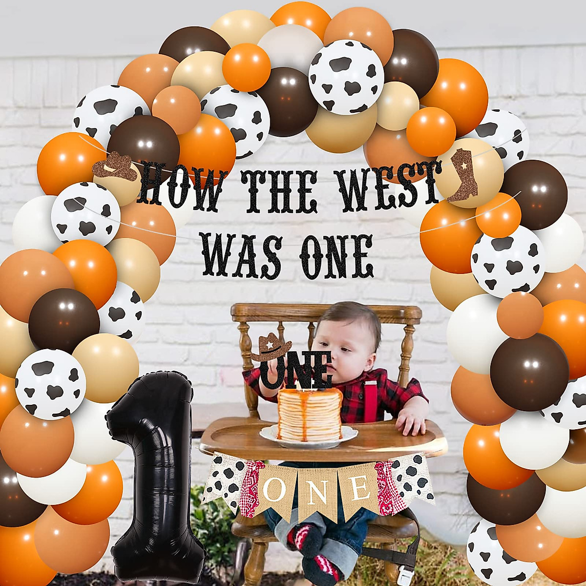 How The West Was One Birthday Decorations, Cowboy First Birthday Decorations, Balloon Arch, Black Number 1 Balloon, How The West Was One Birthday Banner, One High Chair Banner, Cake Topper