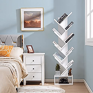 Tangkula 10 Tier Tree Bookshelf with Drawer, Floor Standing Storage Rack for CDs, Movies & Books, Display Utility Shelves for Bedroom, Living Room & Home Office (White, 10 Tier)
