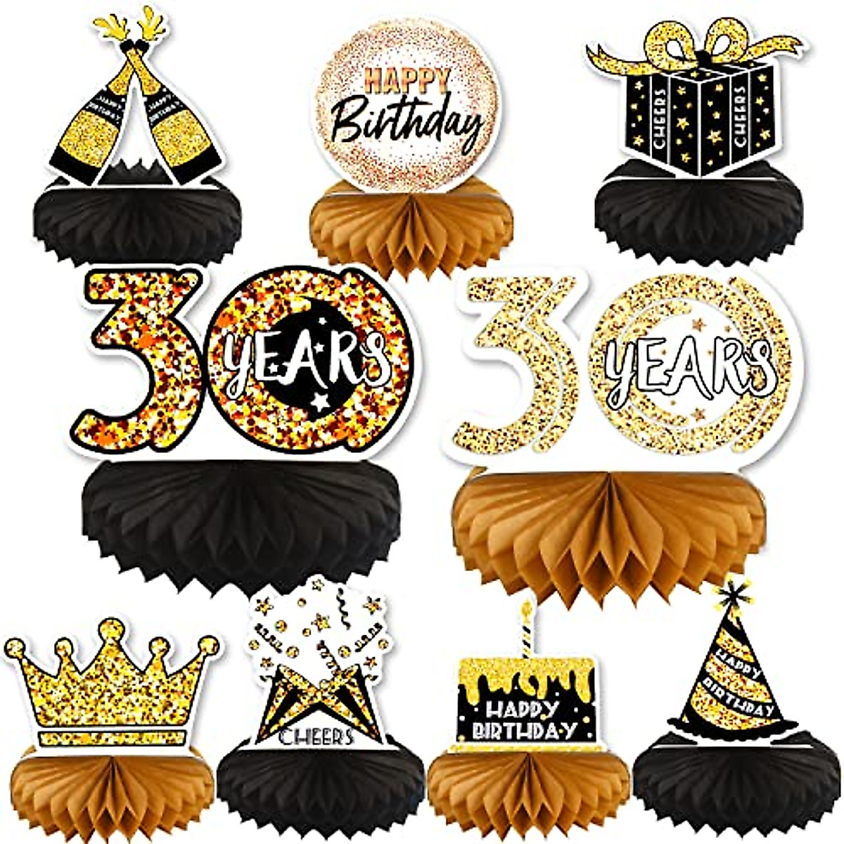 KIMOBER 9PCS 30th Birthday Honeycomb Centerpieces,Black Gold 30 Years Birthday Table Toppers for Thirty Years Birthday Party Decorations