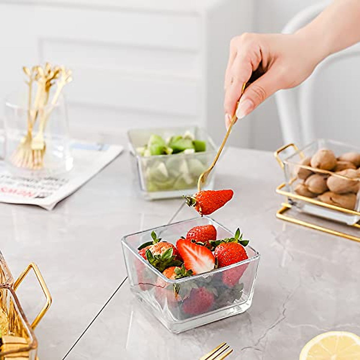 XKXKKE 6 Clear Glass Bowls Set with Gold Metal Rack, Condiment Dishes Serving Bowls Buffet Server Food Display Relish Tray for Fruit Dessert Appetizer Nuts Snacks Candy Chip Dip