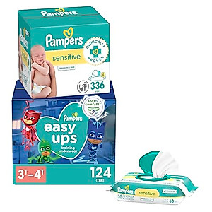 Pampers Easy Ups Pull On Training Pants Boys and Girls, 3T-4T, One Month Supply (124 Count) with Sensitive Water Based Baby Wipes 6X Pop-Top Packs (336 Count)