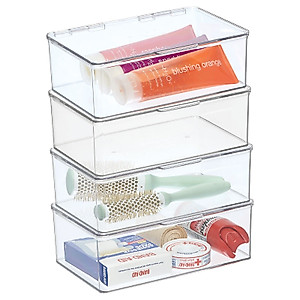 mDesign Plastic Bathroom Stackable Storage Box with Hinged Lid for Vanity/Countertop - Holds Soap, Body Wash, Shampoo, Lotion, Conditioner, Towels, Accessories, Body Spray, Mouthwash - 4 Pack - Clear
