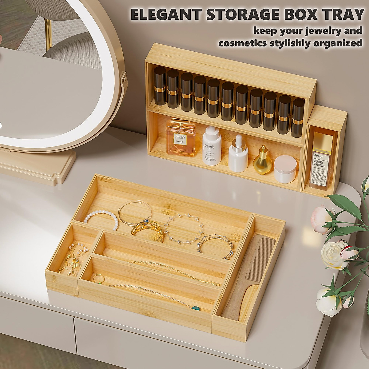 Greatseas Kitchen Drawer Organizer Bins, Stackable Bamboo Drawer Organizer for Silverware, Utensils, Cutlery, Flatware, Deep Drawer Organizers for Junk Drawer, Dresser, Bathroom, 9" x 3" x 2.5"