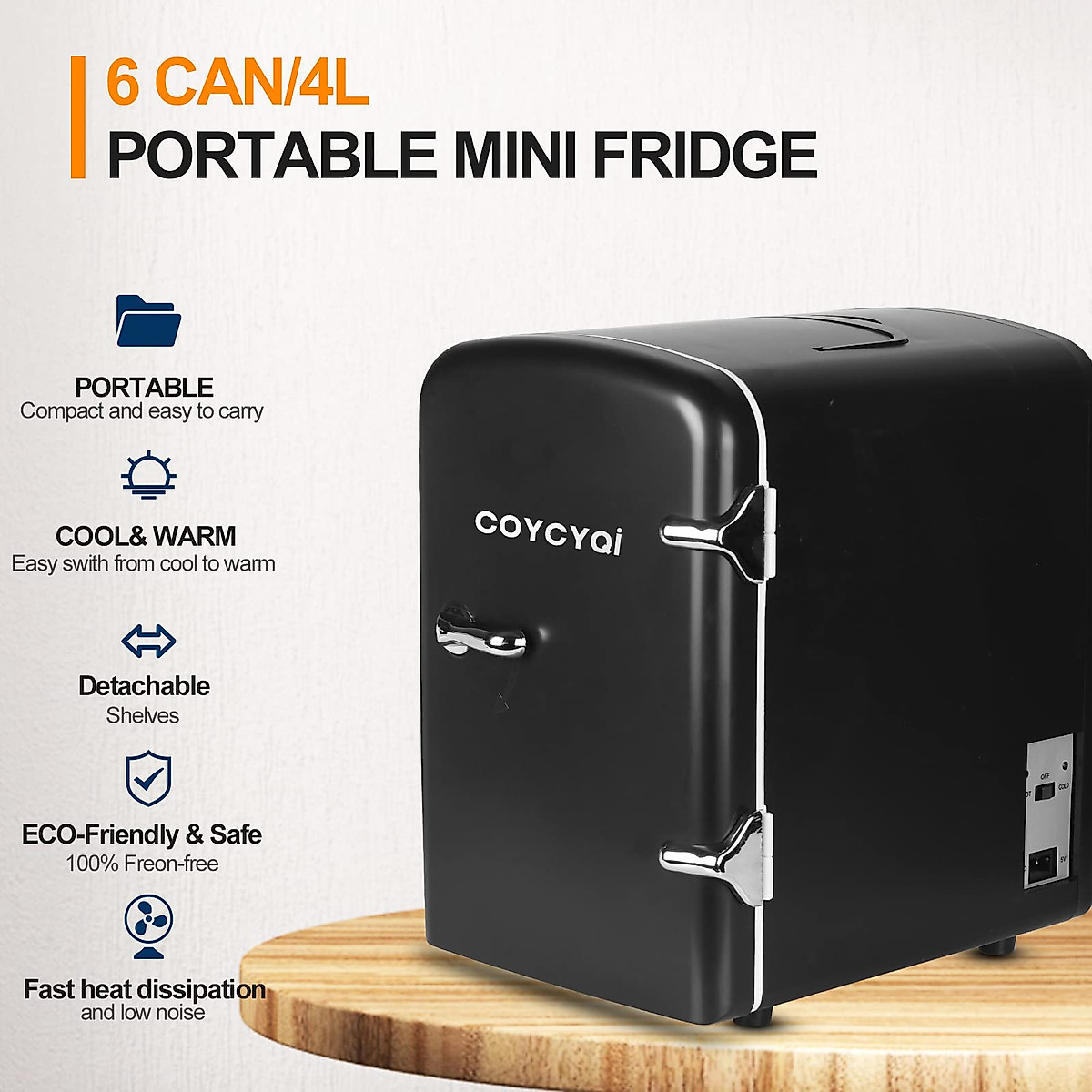 COYCYQI Mini Fridge for Skincare, 4L/6 Can Small Personal Beauty Cooler and Warmer, Portable USB Refrigerator for Bedroom, Makeup, Beverage, Home, Ravel (Black)