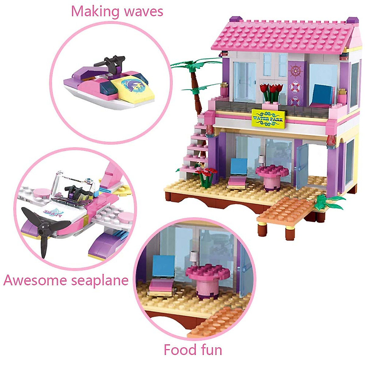 DEFICOSY Dream Girls Beach House Building Blocks Toys, Building Set Big Beach Villa with Seaplane, Water Scooter and Jet Ski, Fun Preschool Educational Toys for Boys and Girls 6-12 Years Old 423Pcs