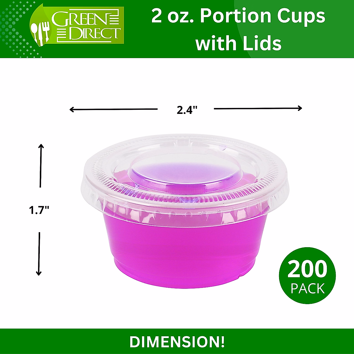 Green Direct 2 oz. Disposable Small Plastic Containers with Lids – Portion Condiment Containers for Jello Shots, Sauces, Dressings & Meal Prep, Pack of 200