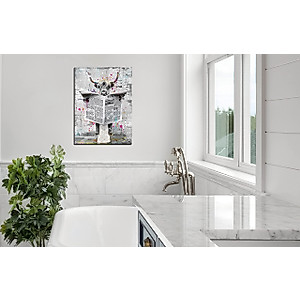 GUGIKA Highland Cow Canvas Wall Art for Bathroom, Funny Graffiti Bedroom Wall Decor, Black and White Painting for Living Room, Restroom Picture, 12x16 Inch