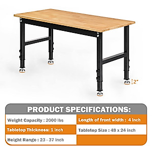 Betterhood 48" Heavy-Duty Adjustable Workbench for Garage, Rubber Wood Shop Table W/Rubber Pads, Hardwood Workstation Weight Capacity Over 2000 Lbs