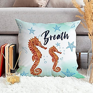 WoGuangis Coastal Throw Pillow Cushion Beach Theme Ocean Breath Seahorse White Linen Sofa Pillows Jellyfish Vintage Farmhouse Throw Pillow Case with Zippe for Office Car Chair Sofa 20x20in
