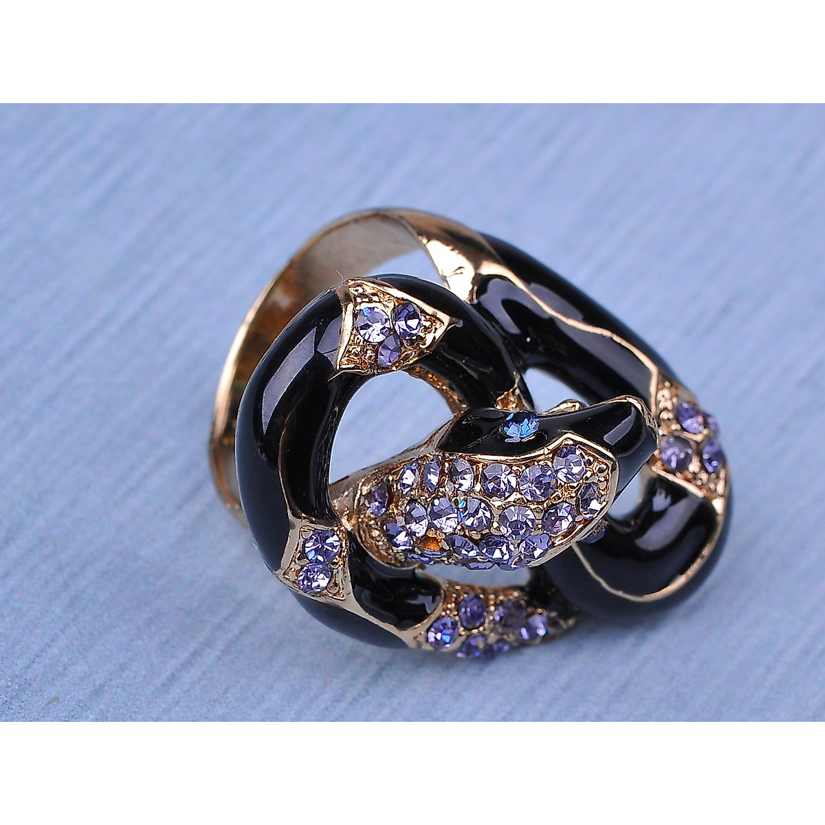 Alilang Black Enamel Body Purple Crystal Rhinestone Serpent Snake Fashion Sized Ring, Size 6