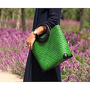 QTKJ Hand-woven Womens Straw Large Boho Handbag Bag for Women, Summer Beach Rattan Tote Travel Bag with Wood Round Top Handle (Green)