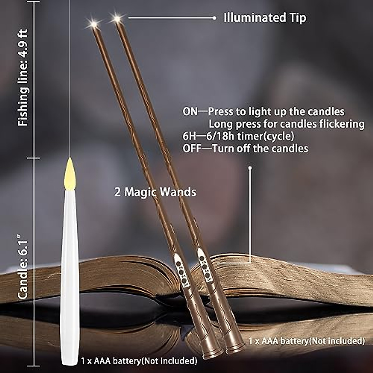 LUSHARBOR Floating Candles with Wand Remote, 20pcs Flameless Candles with Timer, 6.1" Magic Flickering Taper Candles LED Electric Battery Operated Candles for Christmas Halloween Party