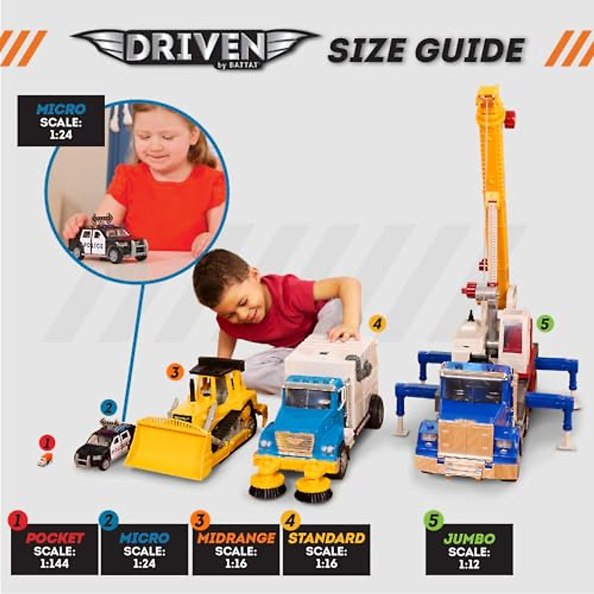Driven by Battat – 4 Toy Vehicles for Kids&Toddlers – 7.5" Crane Truck, 7.5" Tow Truck, 7.5" Fire Truck, 7" Log Truck – Lights & Sounds – Gift Construction Toys for 3 Year Old+
