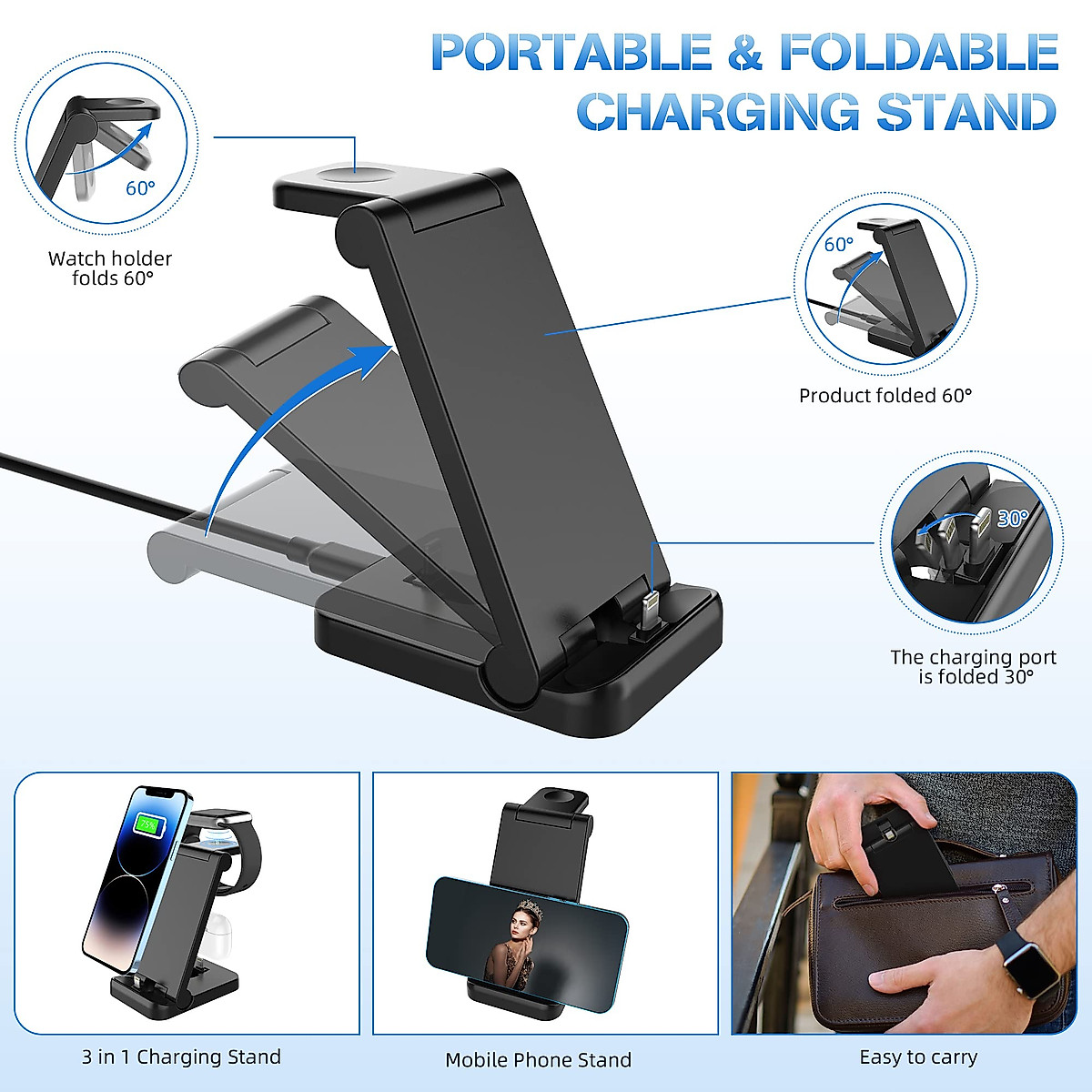 Charging Station for Apple Multiple Devices, １８𝐖 𝐅𝐨𝐥𝐝𝐚𝐛𝐥𝐞 ３ 𝐢𝐧 １ Charger Dock Stand for iPhone 14 Pro Max/13/12/11/X/8 Plus, Fast Charger Station Suitable for iPhone, iWatch, AirPods