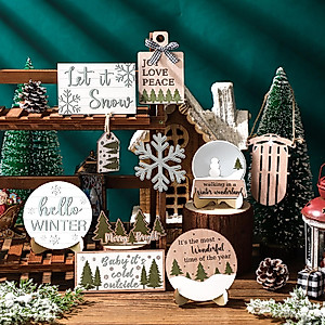 Thyle 16 Pcs Winter Tiered Tray Decor Set Wooden Winter Ornament Rustic Farmhouse Decorations for Gifting Table Home Decor
