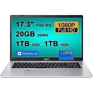 Acer 2023 Newest Aspire 5 Laptop, 17.3 inch FHD IPS Display, Intel Core i7-1165G7 Processor, 20GB RAM, 1TB SSD+ 1TB HDD, Intel Iris Xe Graphics, Wi-Fi 6, Windows 11 Home, Bundle with Cefesfy