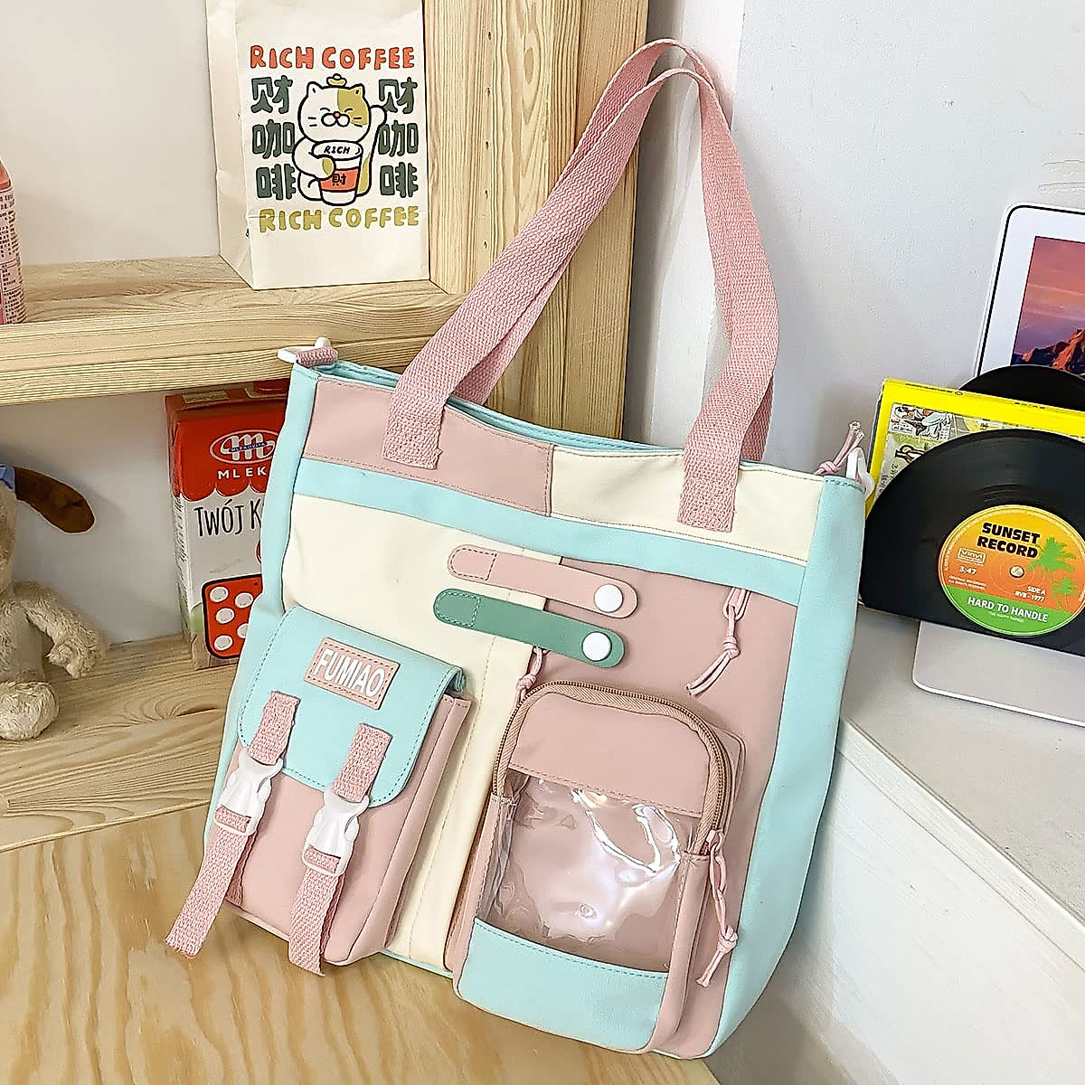 Aesthetic Messenger Bag with Kawaii Pins and Pendant for Women Cute Crossbody Bag Shoulder Tote Bag Casual Handbag(Pink &Green, One Size)