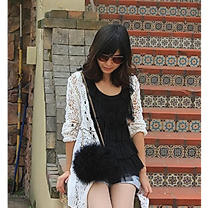 Flada Women's Faux Fluffy Feather Round Clutch Shoulder Bag, Black, Medium