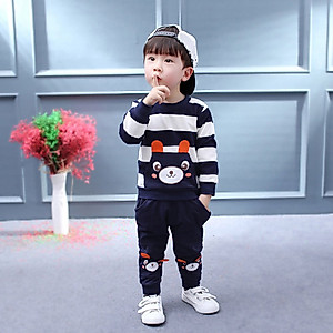 Kids Clothes Set for 2-5 Years Old,Kids Toddler Baby Girl Boy Autumn Winter Warm Striped Bear Tops+Pants Outfits (2-3 Years Old, Navy)