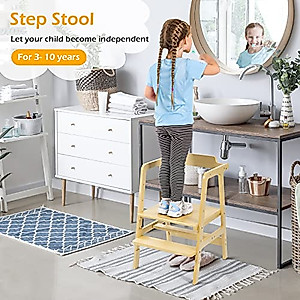 Montessori Educating Tower, Toddler High Chair & Step Stool with 3 Adjustable Height, Standing Kitchen Helper Bathroom Wood Safety Grow Seat, Multi-Function 3 in 1 for 1-12 Years