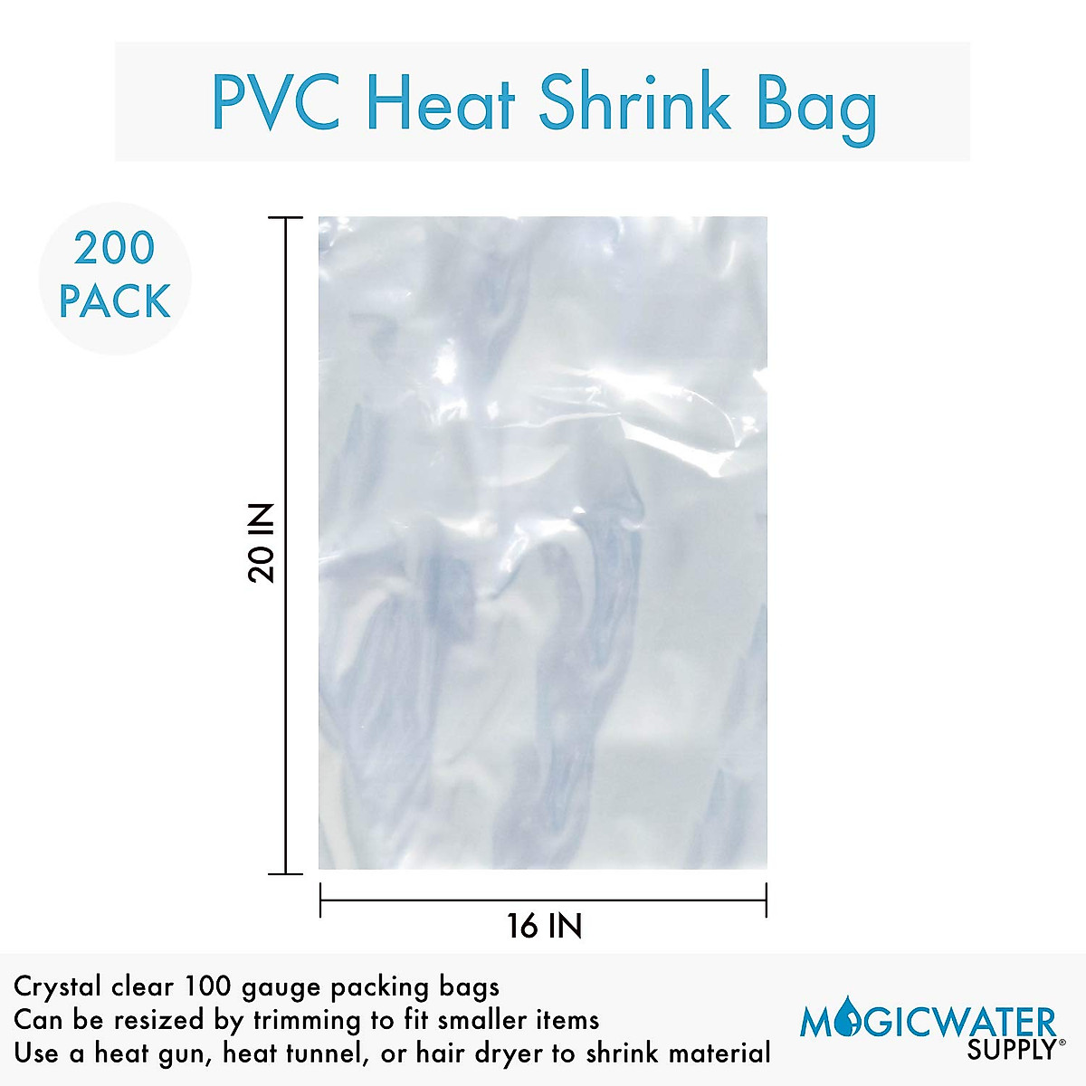 16x20 inch Odorless, Clear, 100 Guage, PVC Heat Shrink Wrap Bags for Gifts, Packagaing, Homemade DIY Projects, Bath Bombs, Soaps, and Other Merchandise (200 Pack) | MagicWater Supply