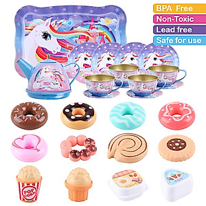 Golray Tea Party Set for Toddlers Girls Toys, Unicorn Gift for 3 4 5 6 Years Old, Tin Tea Set & Carrying Case & Food Treats Playset, Kids Kitchen Pretend Play for Age 3-6 Girls Birthday Gift Idea
