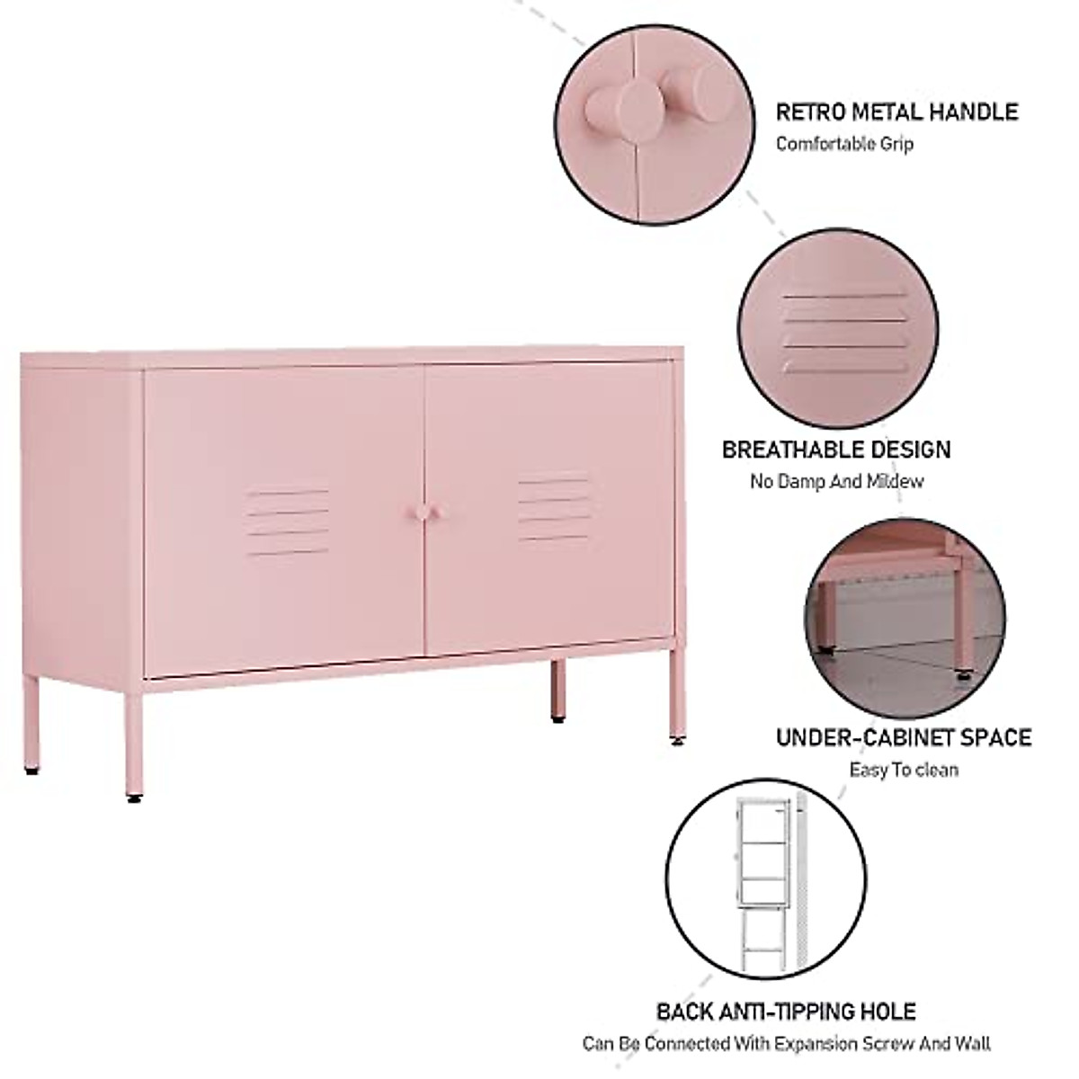 LINGZOE 2 Door Steel Storage Cabinet Pink TV Stand for Living Room,Metal Locker Storage Cabinet for Bedroom Balcony
