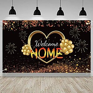 Lnlofen Welcome Home Banner Sign Decorations, Large Welcome Home Backdrop Supplies, Black Gold Homecoming Poster Photo Props for Home Decoration Family Party Decor(6X3.6ft)