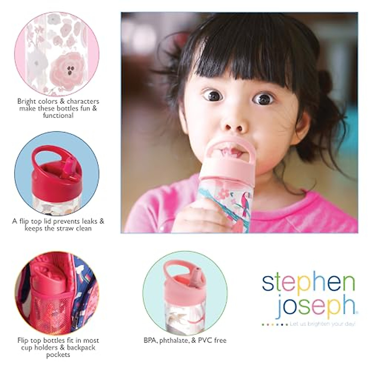 Stephen Joseph, Kids Flip Top Water Bottle, 10 oz Tritan BPA Free, Water Bottle for Girls & Boys, Back to School Flip Top Bottle, Pink Unicorn