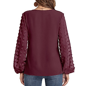 GOORY Women's Balloon Sleeve Chiffon Blouse Top Casual V Neck Swiss Dots Work Shirts, Wine Red XL